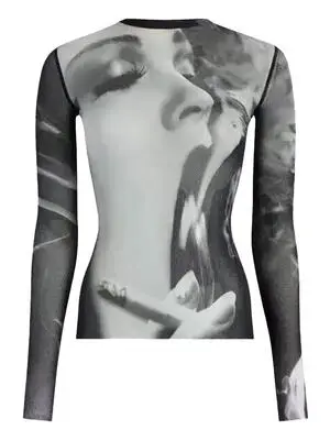 JEAN PAUL GAULTIER Mesh Long Sleeves Top Printed "smoking Women" 'black/grey/white'