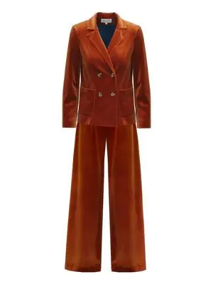 JULIA ALLERT Retro Co-ord Set – Jacket & Wide-leg Trousers Rust Velvet - Orange