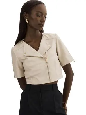 LAMARQUE Kirsi Gold Cropped Biker Jacket Bone