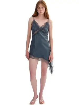 LAMARQUE Paulina Lace Trim Faux Leather Mini Dress - Graphite