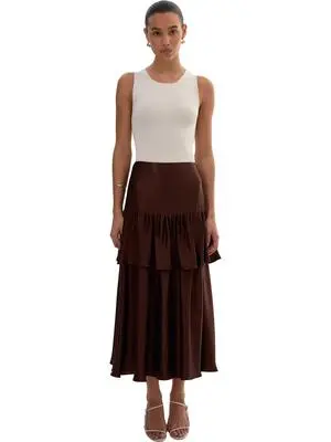 LAMARQUE Chalina Ruffle Satin Midi Skirt Brown
