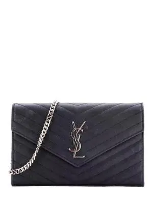 Saint Laurent Classic Monogram Wallet On Chain Matelasse Chevron Leather Medium Crossbody Bag Black