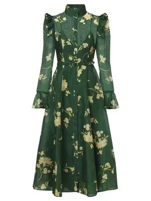 LEO LIN Katrina Floral Linen And Silk Midi Dress - Green