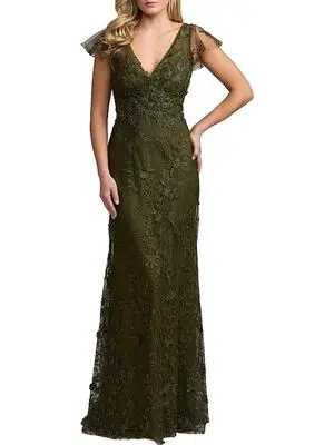 Mac Duggal Petite Floral Embroidered Lace Flutter Sleeve Gown - Olive