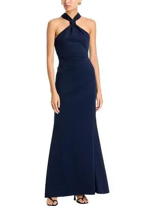 Aqua Knot Neck Pleated Waist Gown Exclusive - Navy