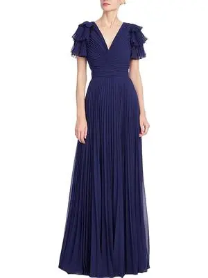 Badgley Mischka Pleated Ruffle Sleeve Gown - Navy