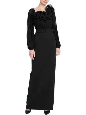 Badgley Mischka Sheer Sleeve Floral Detail Evening Gown - Black