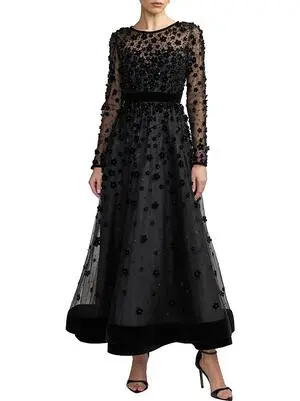 MAC DUGGAL Embellished Illusion Neck Long Sleeve Ankle Dress