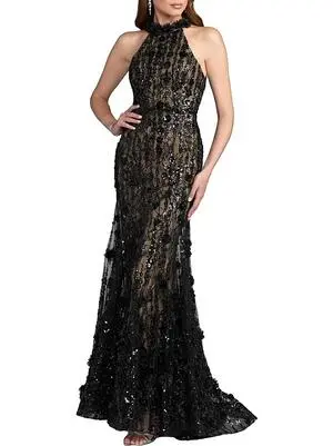 Mac Duggal Lace Embellished Sleeveless Halter Neck Gown - Black Nude