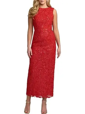 Mac Duggal Sleeveless Embroidered Lace Midi Dress - Red