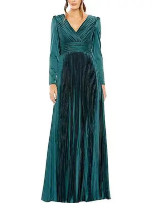 Mac Duggal Pleated Long Sleeve A-line Gown - Ocean