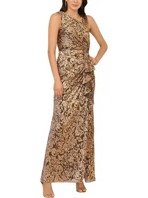 Adrianna Papell Metallic Crinkled Textured Gown - Chocolate