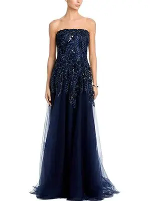Rickie Freeman For Teri Jon Embellished Tulle Strapless Gown - Navy