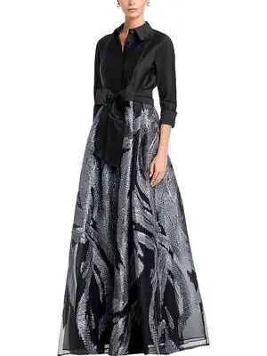 Rickie Freeman For Teri Jon Taffeta & Metallic Organza Shirtwaist Gown - Black Pew