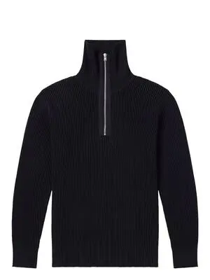 S.N.S. HERNING Fender Ribbed Wool Half-zip Sweater - Blue
