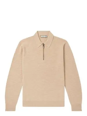 Canali Mock-rib Wool And Cashmere-blend Half-zip Polo Shirt - Beige