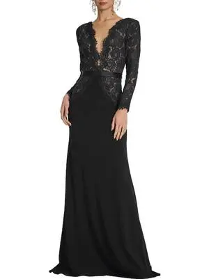 Tadashi Shoji Lace Long Sleeve Cotton Blend Gown - Black/nude