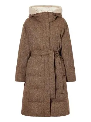 Brunello Cucinelli Hooded Belted Padded Quilted Shearling-trimmed Wool-blend Down Jacket - Brown