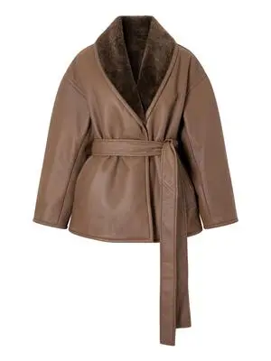 JOSEPH Manu Belted Shearling-trimmed Leather Jacket - Light Brown