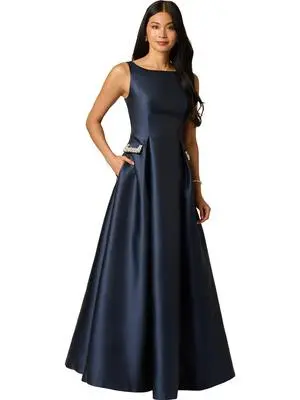 Adrianna Papell Pearly Beaded Pocket Mikado Ballgown - Midnight