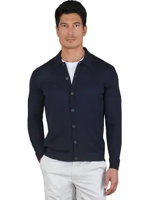 PAUL JAMES Extra Fine Merino Wool Polo Cardigan - Navy