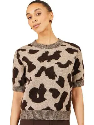 YUMI Leopard Intarsia Short Sleeve Sweater