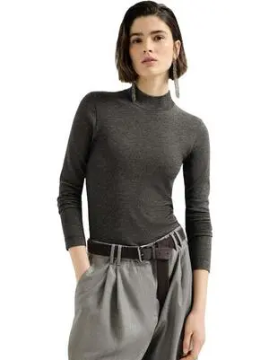 Brunello Cucinelli Sparkling Virgin Wool Mock Neck Long Sleeve T-shirt With Monili - Anthracite