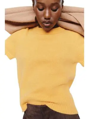 Maeve Mercer Cashmere Stretch Short Sleeve Sweater Bright Orange