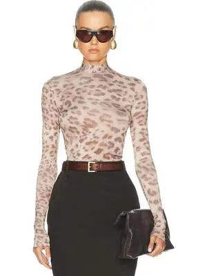 Lapointe Printed Jersey Mock Neck Bodysuit In Brown - Snow Leopard