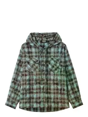 MINI CREAM Check-print Hooded Shirt - Blue