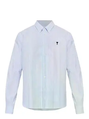 AMI Paris Striped Cotton Shirt With De Coeur - Blue