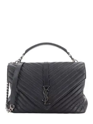Saint Laurent Classic Monogram College Bag Matelasse Chevron Leather Large Shoulder Bag - Black