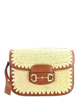 GUCCI Horsebit 1955 Raffia Effect With Leather Small Shoulder Bag