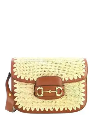 GUCCI Horsebit 1955 Raffia Effect With Leather Small Shoulder Bag