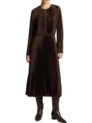 Vince Pleated Long Sleeve Contrast Hem Dress - Pinewood