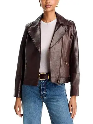 Johnny Was Leather Zipper Pocket Biker Jacket - Dark Brown