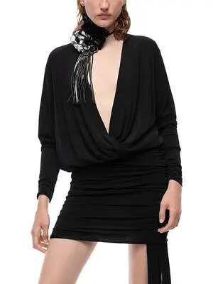 Pinko Plunging Neck Ruched Mini Dress - Black