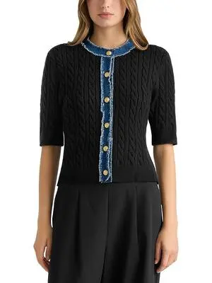 NVLT Denim Trim Cable Knit Short Sleeve Sweater - Black