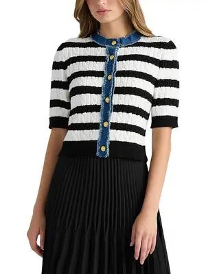 NVLT Denim Trim Cable Knit Short Sleeve Sweater - Marshmallow/ Black