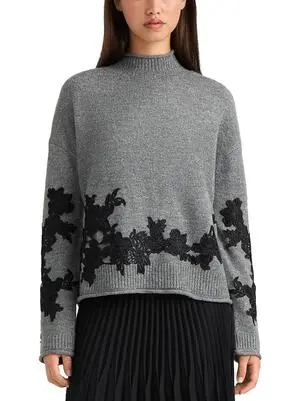 NVLT Mock Neck Floral Applique Sweater - Medium Grey Mix
