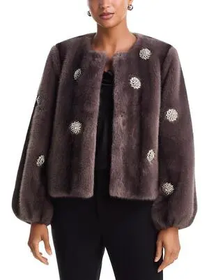 Cinq À Sept Rhinestone Dahlia Faux Fur Benson Coat - Dusted Oak