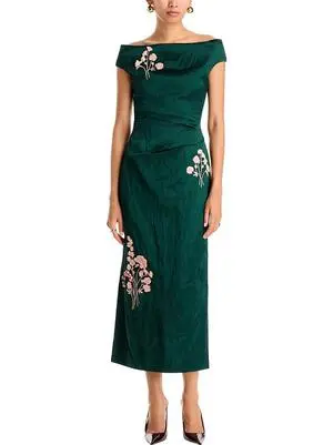 Erdem Embroidered Textured Satin Midi Pencil Dress - Green