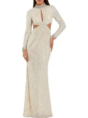 Mac Duggal Long Sleeve Sequin Gown With Cut Outs - Nude Silver