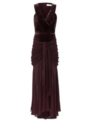 Zimmermann Velvet-panelled Ruched Maxi Dress - Wine
