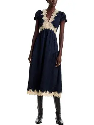 Sea Shay Lace Trim V Neck Midi Dress - Navy