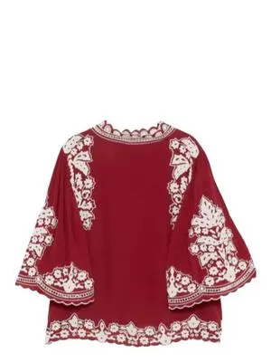 Farm Rio Floral-embroidered Blouse - Brick Red