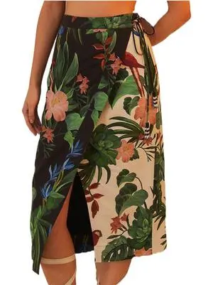 Farm Rio Midnight Macaw Fiesta Midi Skirt Black