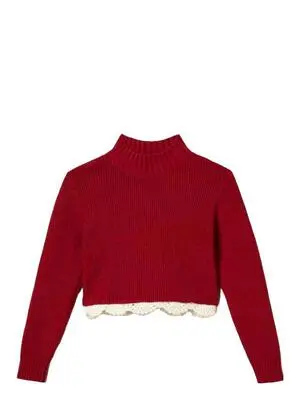 TWINSET Turtleneck Jumper With Crochet - Ruby/'snow' White Trim