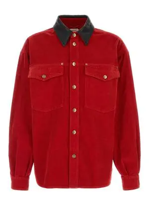Versace Versace Men's Denim Garment-Dyed Velvet Shirt With Leather Accents Red