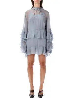 Chloé Mini Dress In Silk Mousseline With Layered Ruffle Detailing - Sandy Black